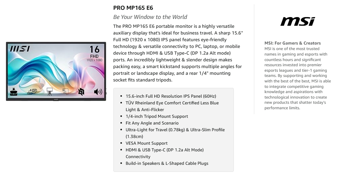 MSI Pro MP165 E6 Portable Monitor 15.6 Inch Full HD - IPS Panel 1920 x 1080, 60Hz, 4ms, Speaker ...
