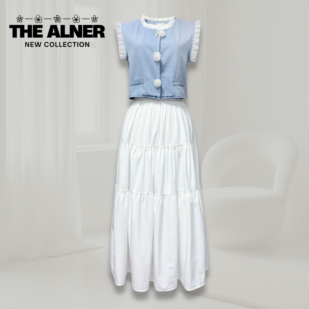 set เสื้อยีนส์แต่งดอกหน้าแขนกุด+กระโปรง ป้ายThe alner SizeL | Shopee ...