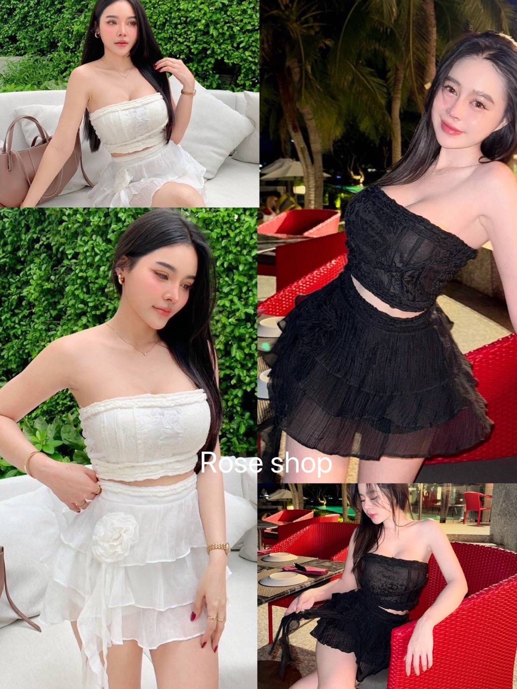 Phapassz - ชุด 2 ชิ้น สุดเก๋ – เกาะอกลูกไม้ + กระโปรงระบายชั้นๆแต่งดอกกุหลาบด้านข้าง หรูดูแพง ...