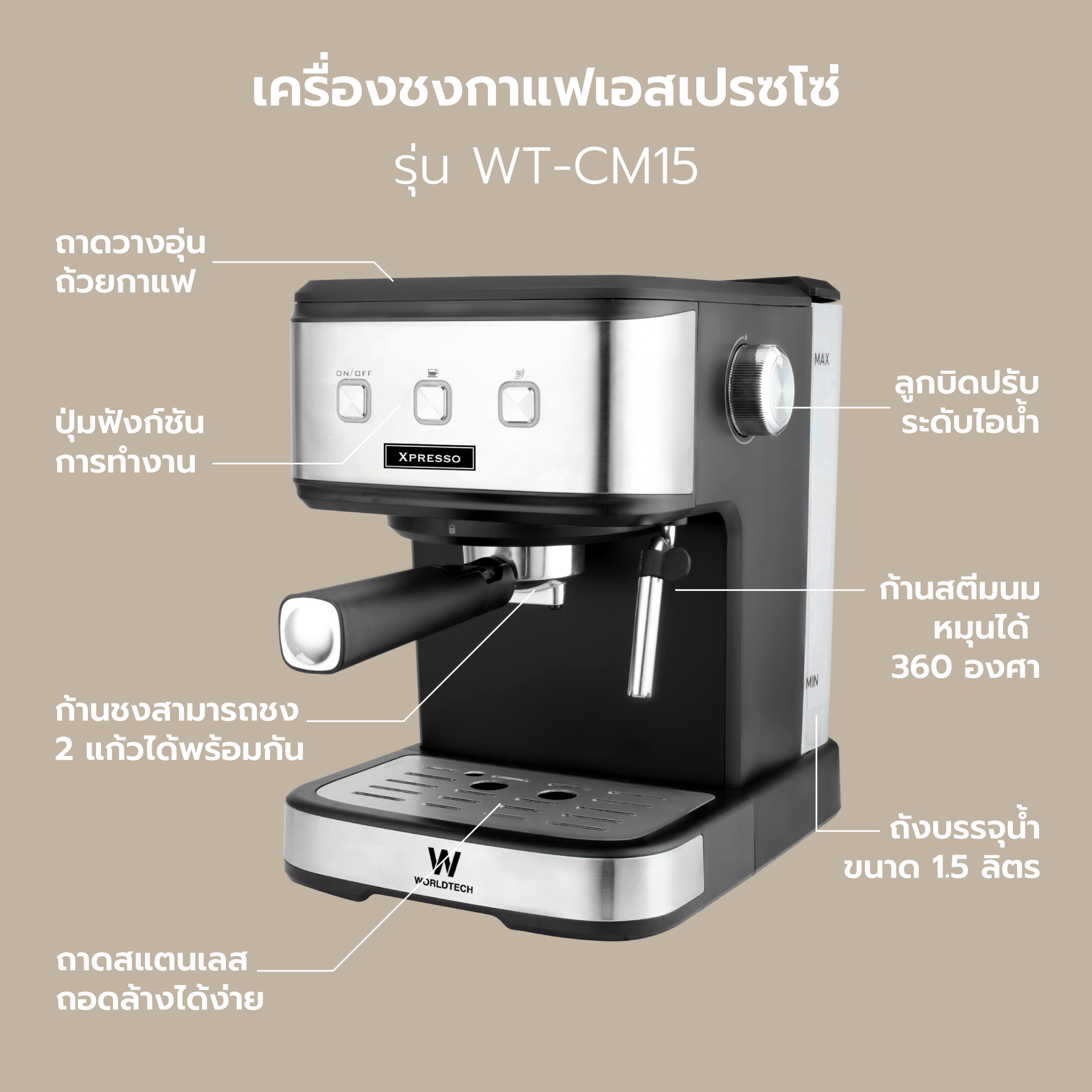 Worldtech Xpresso เครื่องชงกาแฟ ชา อัตโนมัติ พร้อมชุดด้ามชง Coffee Machine รวมทุกรุ่น ประกัน 1 ...