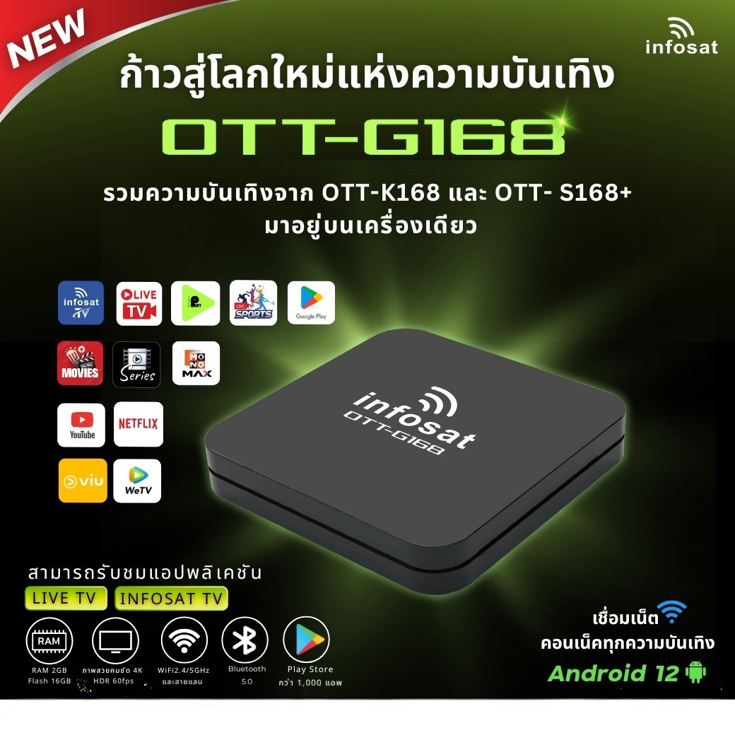 G168 (Android 12) กล่องทีวีอินเตอร์เน็ต (Infosat TV, Mono Max, Netflix ...