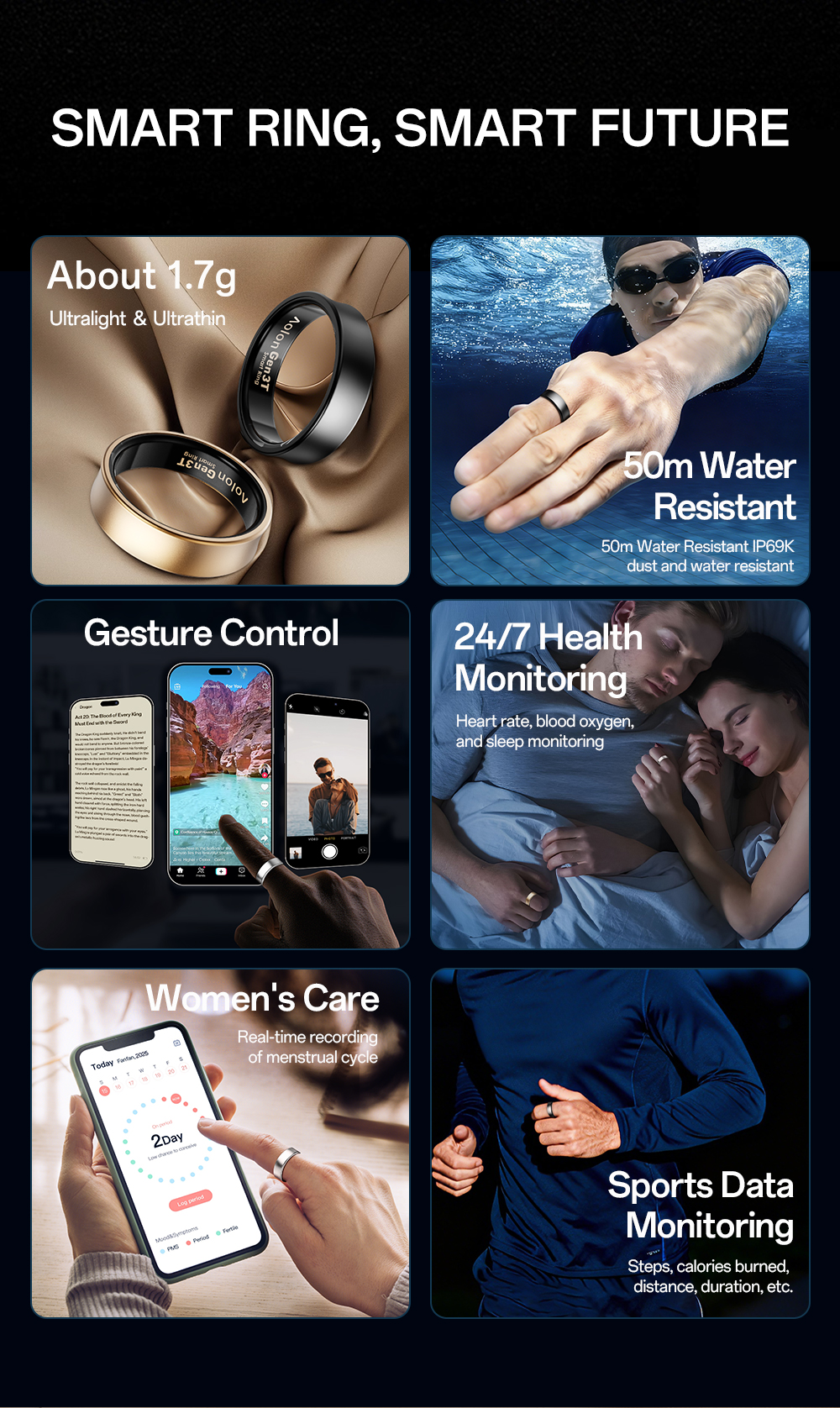 Aolon Ring Gen 3T แหวนอัจฉริยะ 1.7g น้ำหนักเบาพิเศษ แหวนสุขภาพ กันน้ำ ...