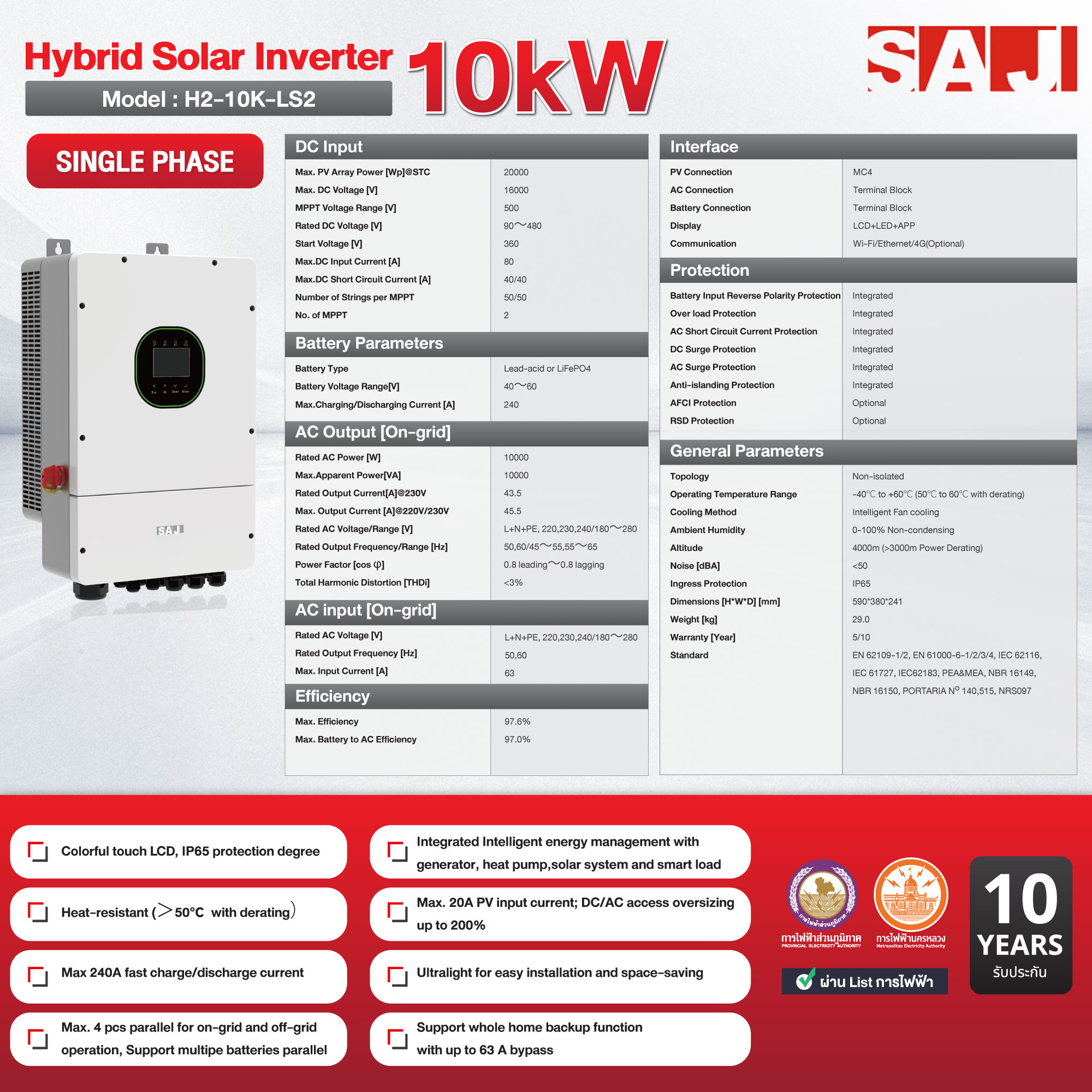 SAJ Hybrid Solar Inverter 10kW รุ่น H2-10K-LS2 SINGLE PHASE no. 10101 ...