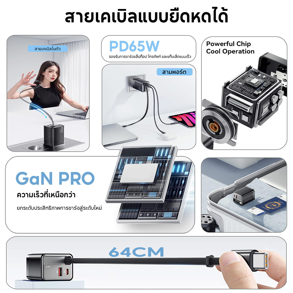 Miracle 80W/65W GaN Supert Charger 3-in-1 เครื่องชาร์จ C+C+A พร้อมสายแบบพับเก็บได้ในตัว เครื่อง ...