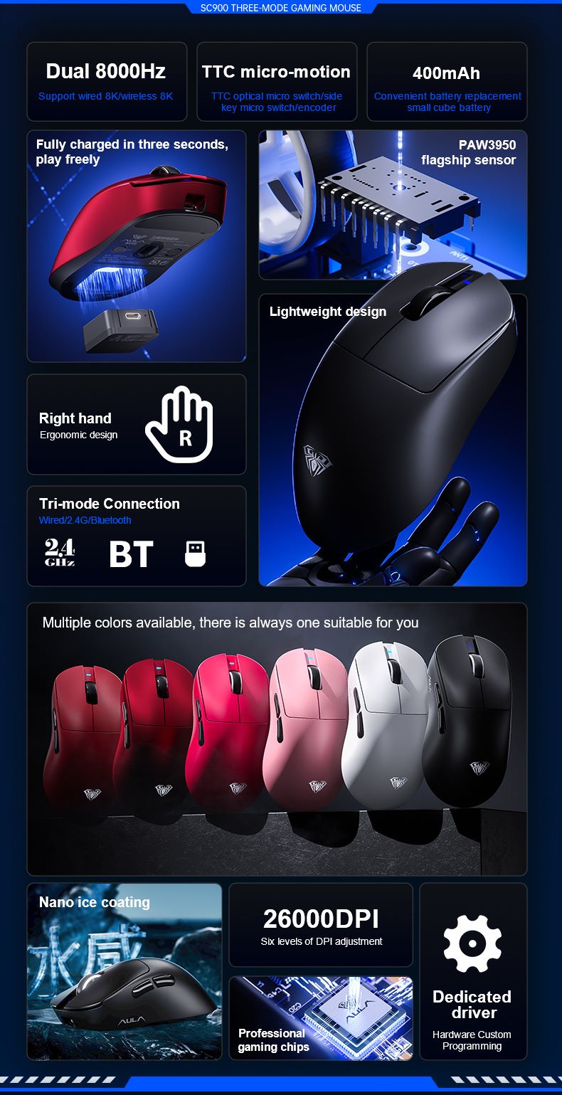 เมาส์ไร้สาย - AULA SC900 Pro / Max - Wireless Mouse Macro 8K PAW3395/PAW3950 รับประกัน 2 ปี ...