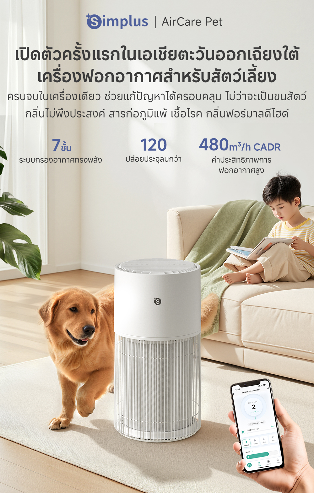 [New]Simplus x PP Krit เครื่องฟอกอากาศสัตว์เลี้ยง CADR 480m³/h 7 ชั้นกรอง ไอออนลบ PM2.5 ควบคุม ...