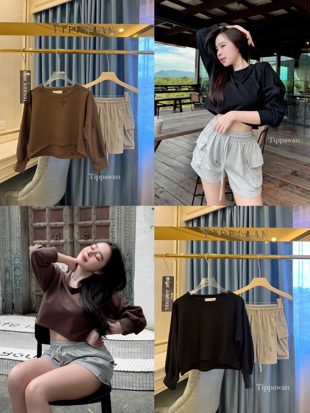#Tippawan Setเสื้อครอปเอวลอยแขนยาวน่ารักๆ มาพร้อมกางเกงขาสั้นทรงคาร์โก้ | Shopee Thailand