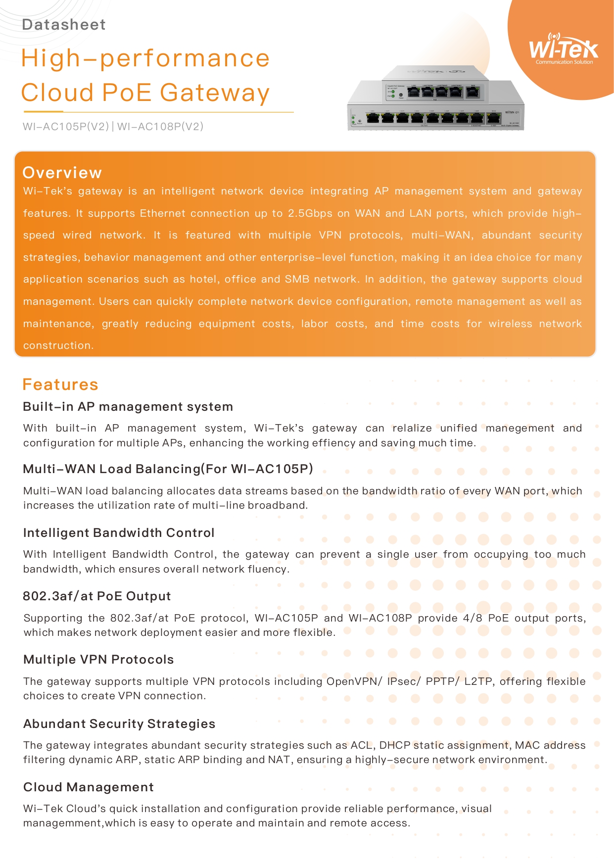 WI-TEK WI-AC105P(V2) Gigabit Cloud Managed Gateway 1WAN + 3WAN/LAN ...