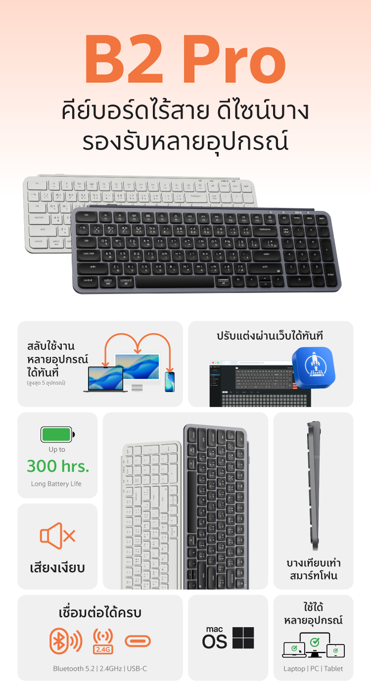[ส่งด่วน] Keychron B2 Pro Ultra slim Wireless 96% คีย์บอร์ดไร้สาย เสียง ...