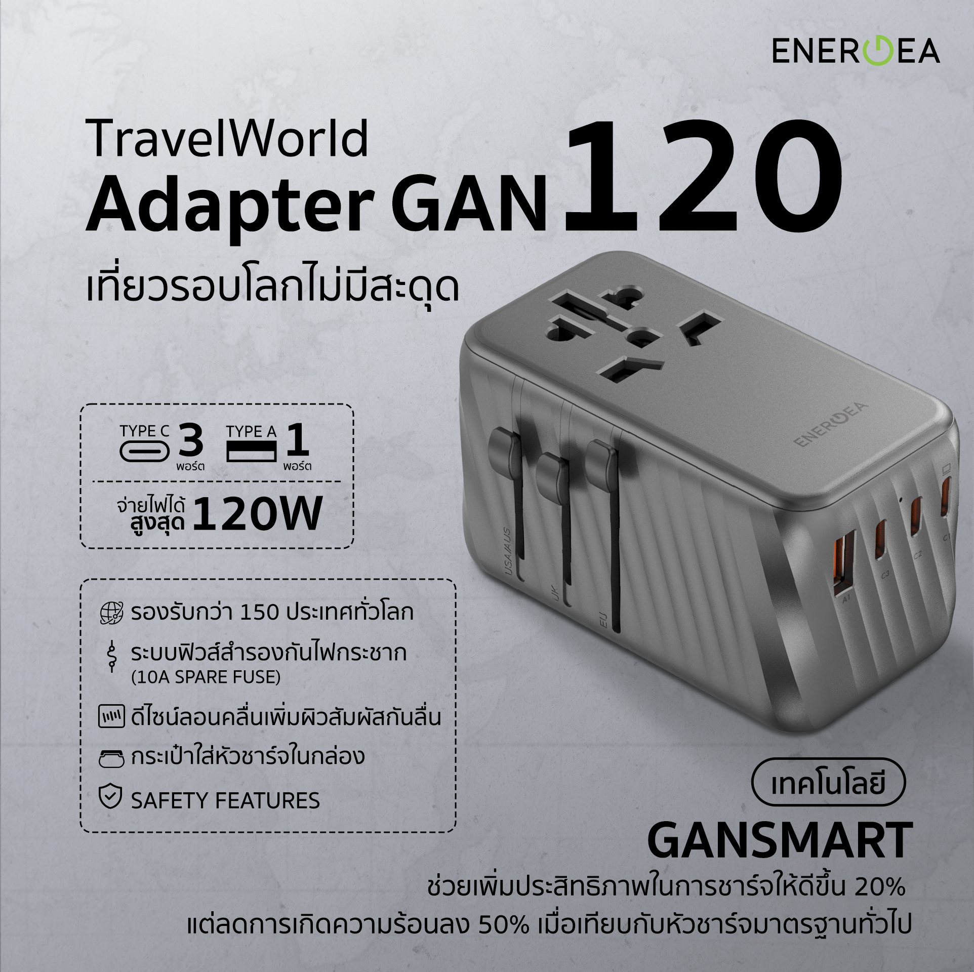 Energea TravelWorld Adapter GAN120 หัวแปลง ปลั๊กไฟ ต่างประเทศ สำหรับ ...