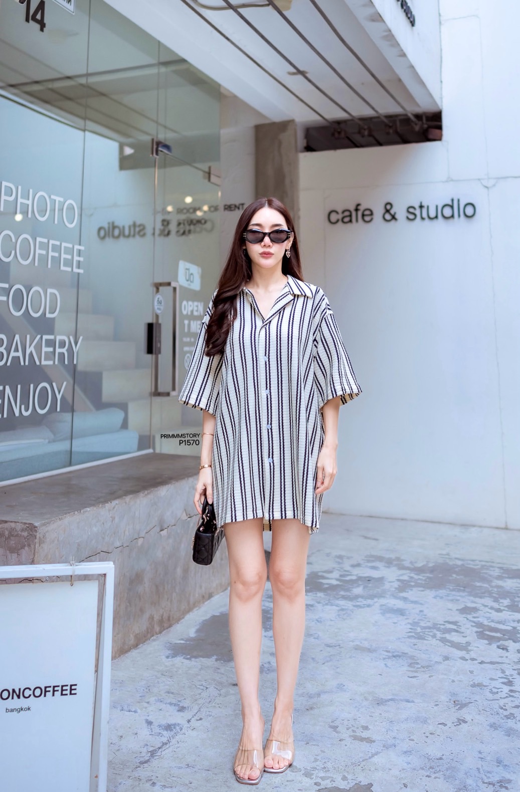 P1570 PrimmmStory เสื้อเชิ๊ตแขนสั้นดีไซน์กระดุมหน้าเต็มตัว แขน 5 ส่วน ...