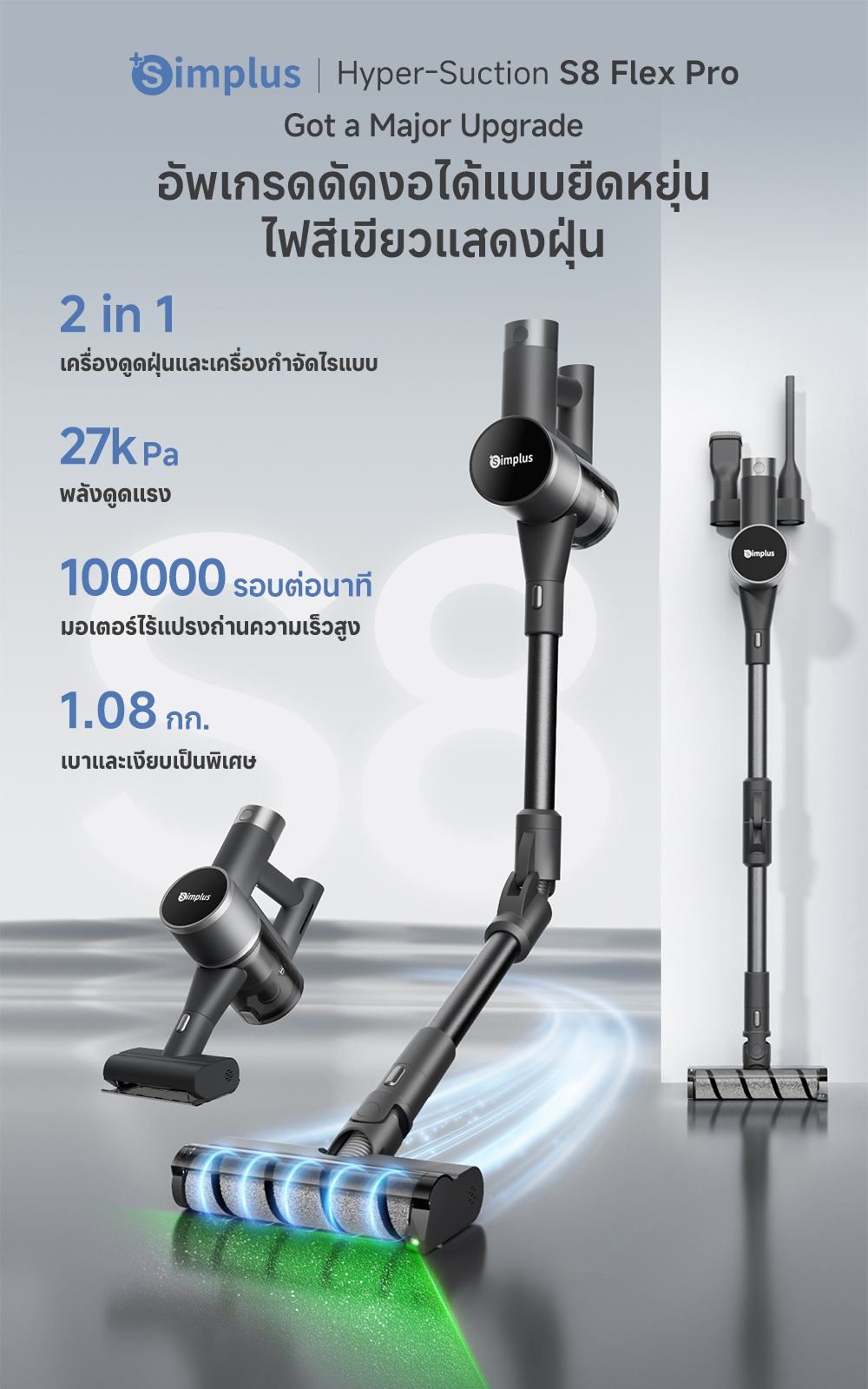 Simplus x PP Krit S8 Flex Pro เครื่องดูดฝุ่น จอแสดงผล LED อัจฉริยะ: การควบคุมการดูดได้ 6 ระดับ ...