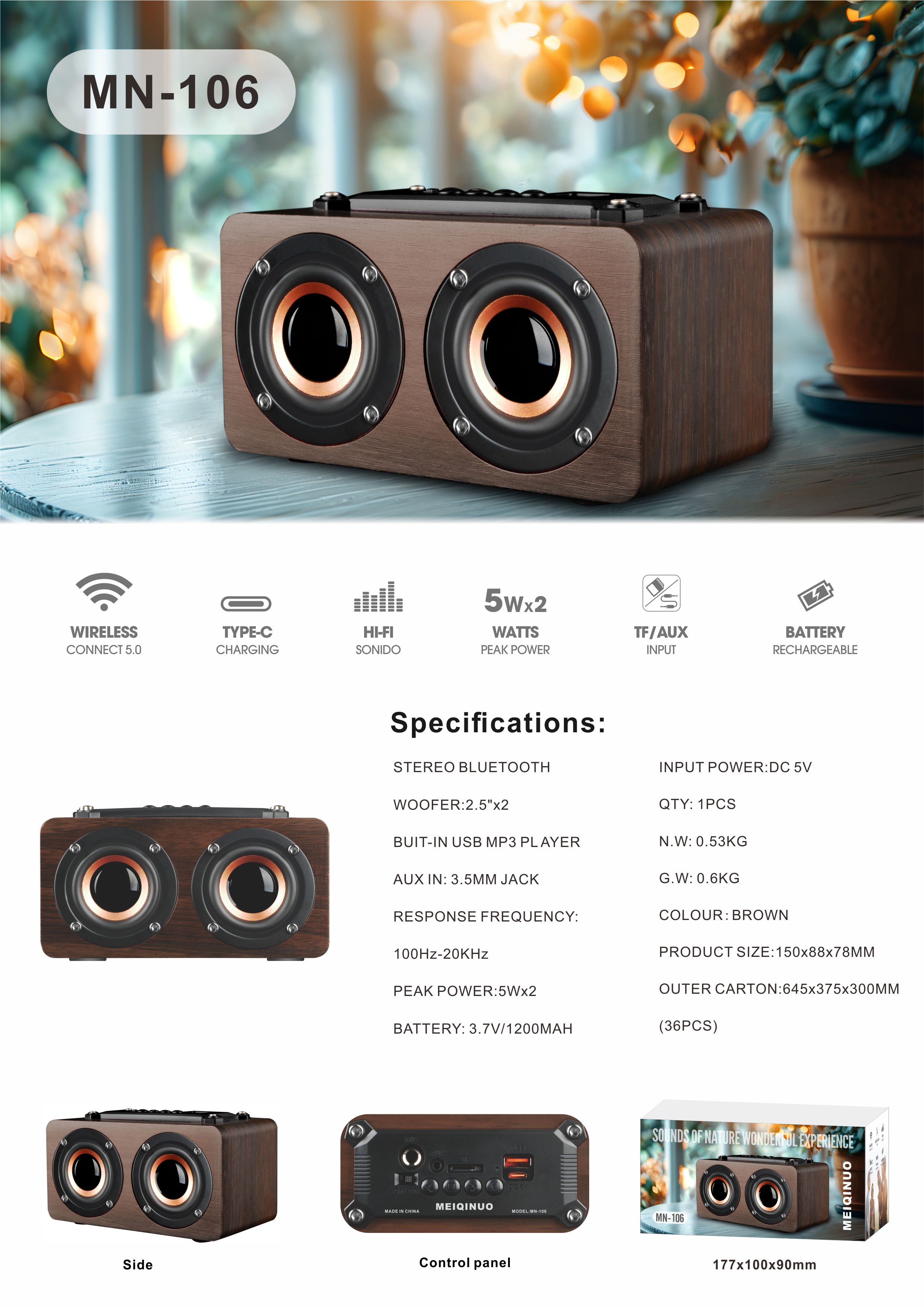 ลำโพงบลูทูธไม้ MN-106 เสียงสเตอริโอ 10W เบสชัด รองรับ USB/TF/AUX/MIC ...