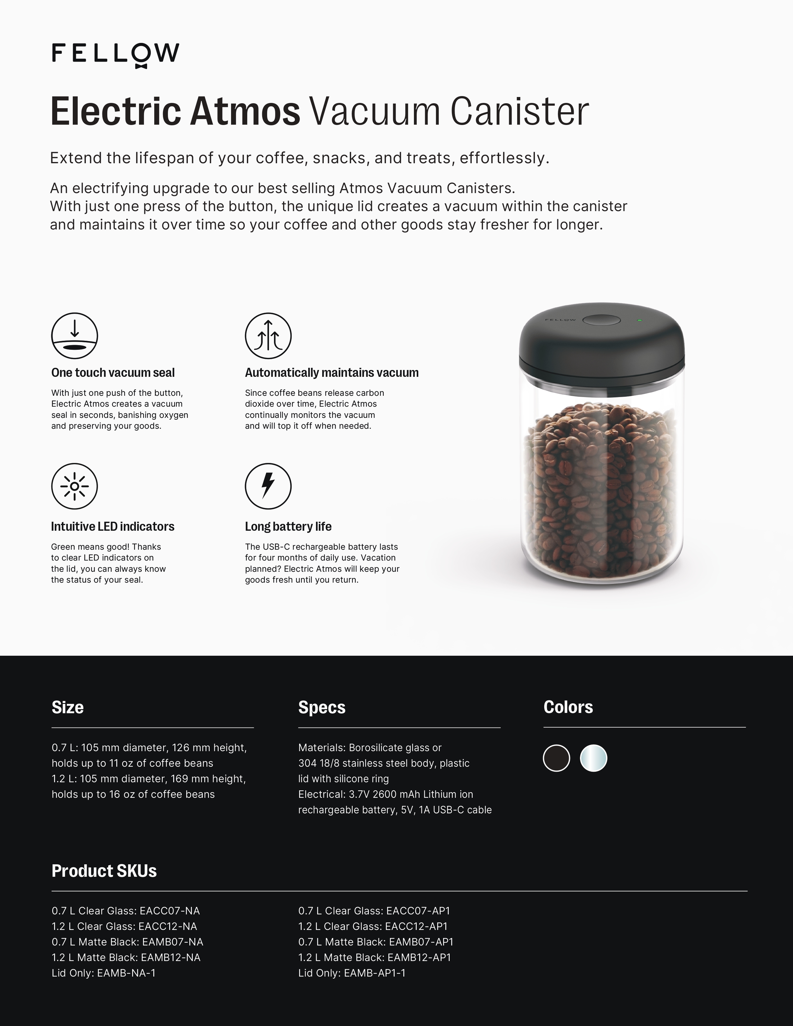 Fellow - Electric ATMOS VACUUM CANISTER ที่เก็บเมล็ดกาแฟ สูญญากาศ ไล่ ...
