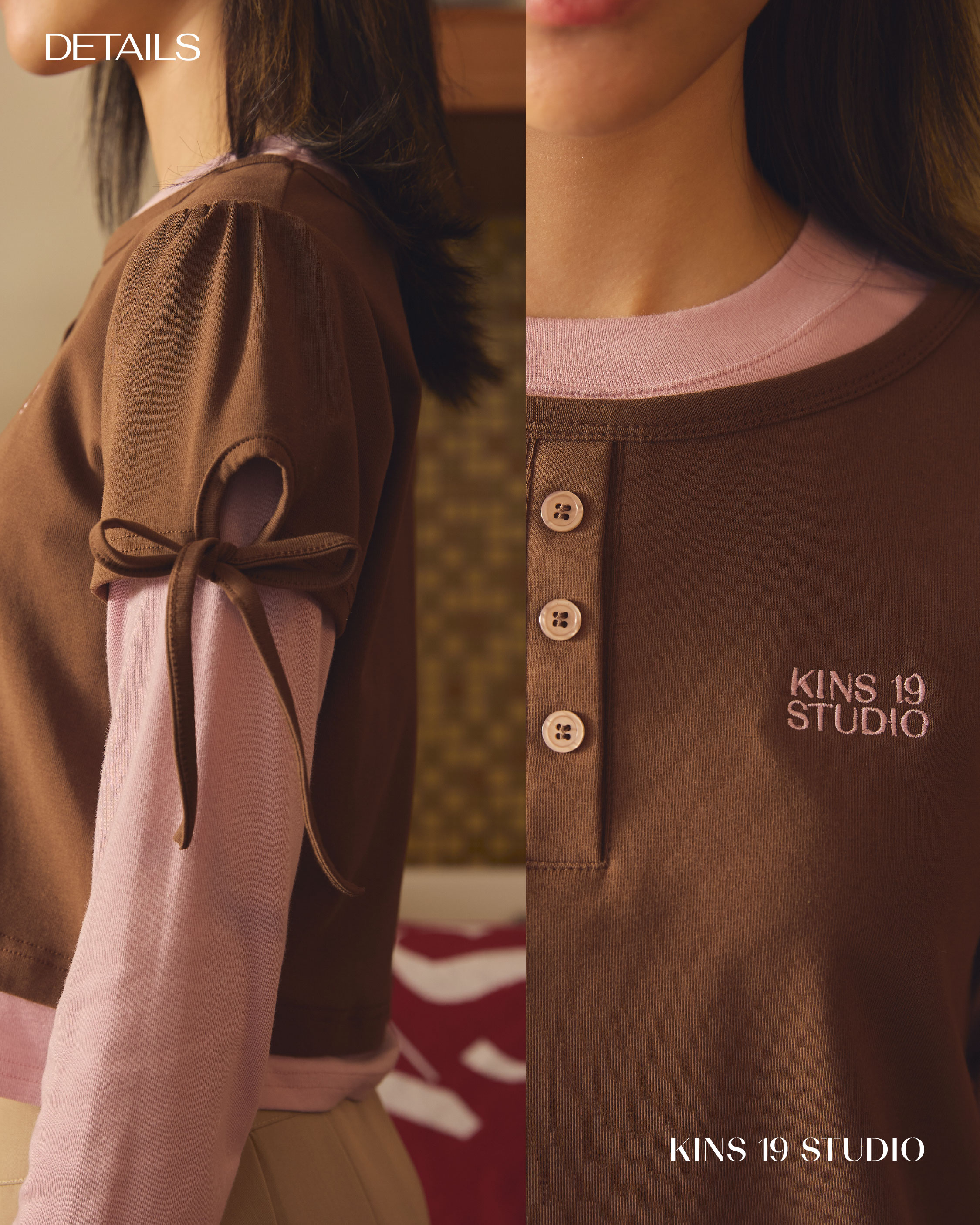 KINS 19 STUDIO | KINS Ribbon Sleeve Henley Top เสื้อแขนยาวผู้หญิงคินส์ ...