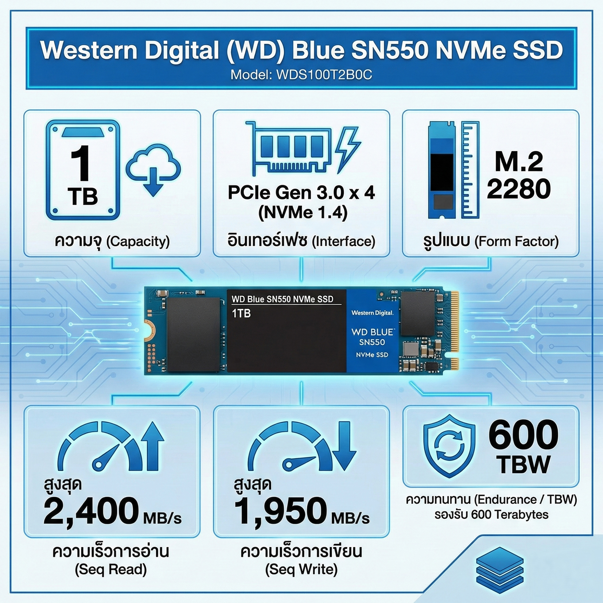[มือสอง] SSD M.2 WD Blue SN550 1TB NVMe PCIe Gen3x4 (WDS100T2B0C) ประกันร้าน 90 วัน โดย Kingcom ...