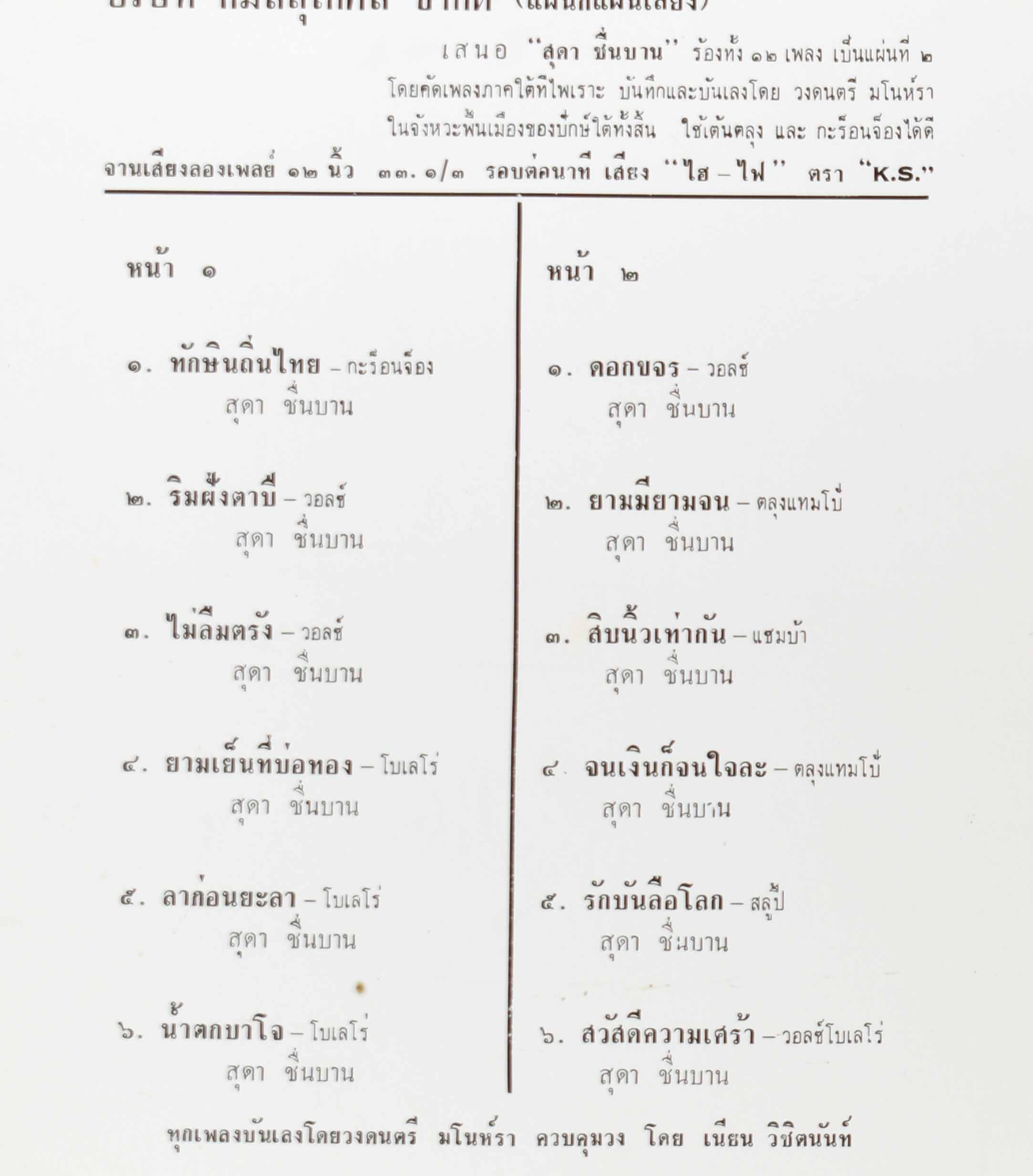 1 แผ่นเสียง 12นิ้ว G41 สุดา ชื่นบาน ทักษินถิ่นไทย แผ่นVG ริ้วรอยบาง ...
