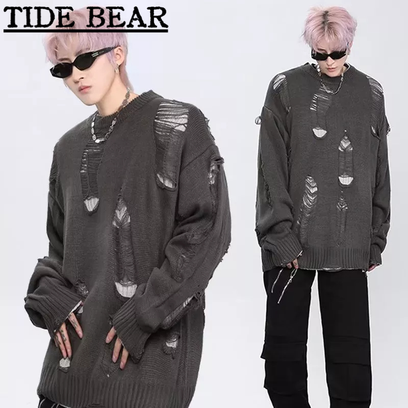 TIDE BEAR เสื้อกันหนาวผู้ชาย อเมริกันเรโทรถนน หลวมฮิปฮอปสีทึบฉีกสองด้าน ...