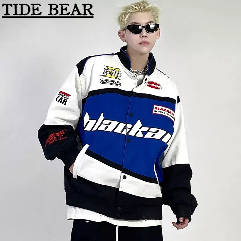 TIDE BEAR อเมริกันเรโทรถนน จดหมายพิมพ์ชุดแข่งรถจักรยานยนต์แจ็คเก็ตแจ็คเ ...