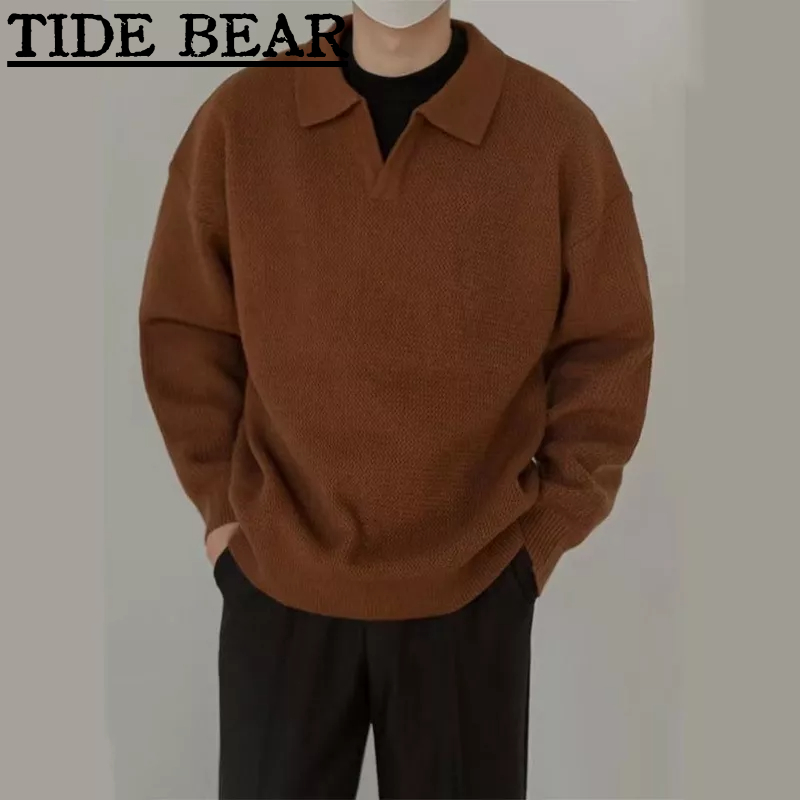 TIDE BEAR เสื้อกันหนาวผู้ชาย สไตล์เกาหลีย้อนยุคสีทึบ ปกแขนยาวสบายๆหลวม ...