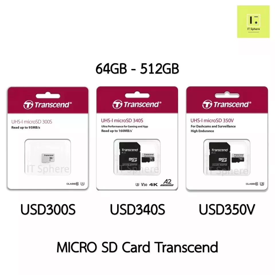 Micro SD Card คุณภาพสูง TRANSCEND รุ่น USD300SA USD340S USD350V : 64GB 128GB 256GB 512GB ...