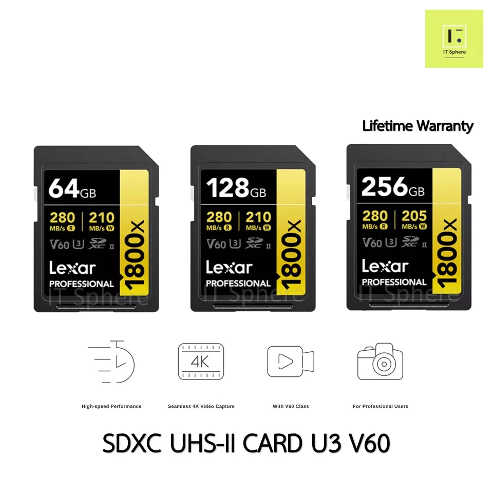 ส่งด่วนทักแชท Lexar Professional 1800x SDXC™ UHS-II Card GOLD Series 64GB 128GB 256GB SD CARD ...