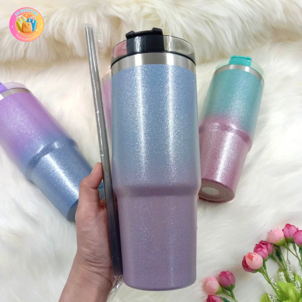 แก้วน้ำสแตนเลส304 เก็บความเย็น สีทูโทนกากเพชร สวยหรู ขนาด 900 ML. | Shopee Thailand