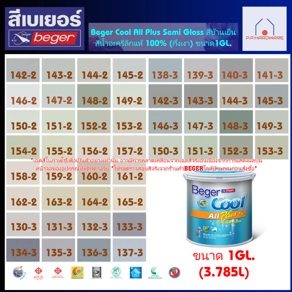 Beger สีภายนอก+ภายใน สีทาบ้าน สีน้ำอะคริลิก สีบ้านเย็น กึ่งเงา Beger Cool All Plus ขนาด1GL. โทน ...