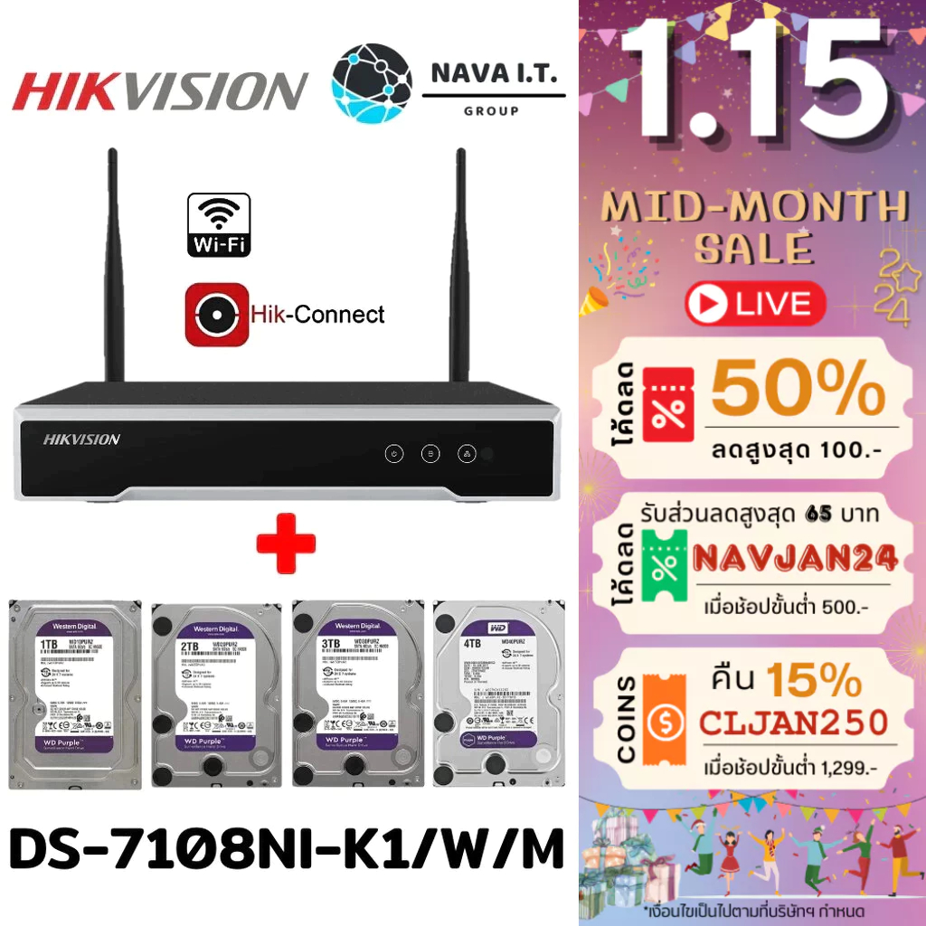 ⚡️กรุงเทพฯด่วน1ชั่วโมง⚡️ HIKVISION DS-7108NI-K1/W/M(C) 4CH/8CH + HDD 1TB - 4TB WI-FI NVR เครื่อง ...