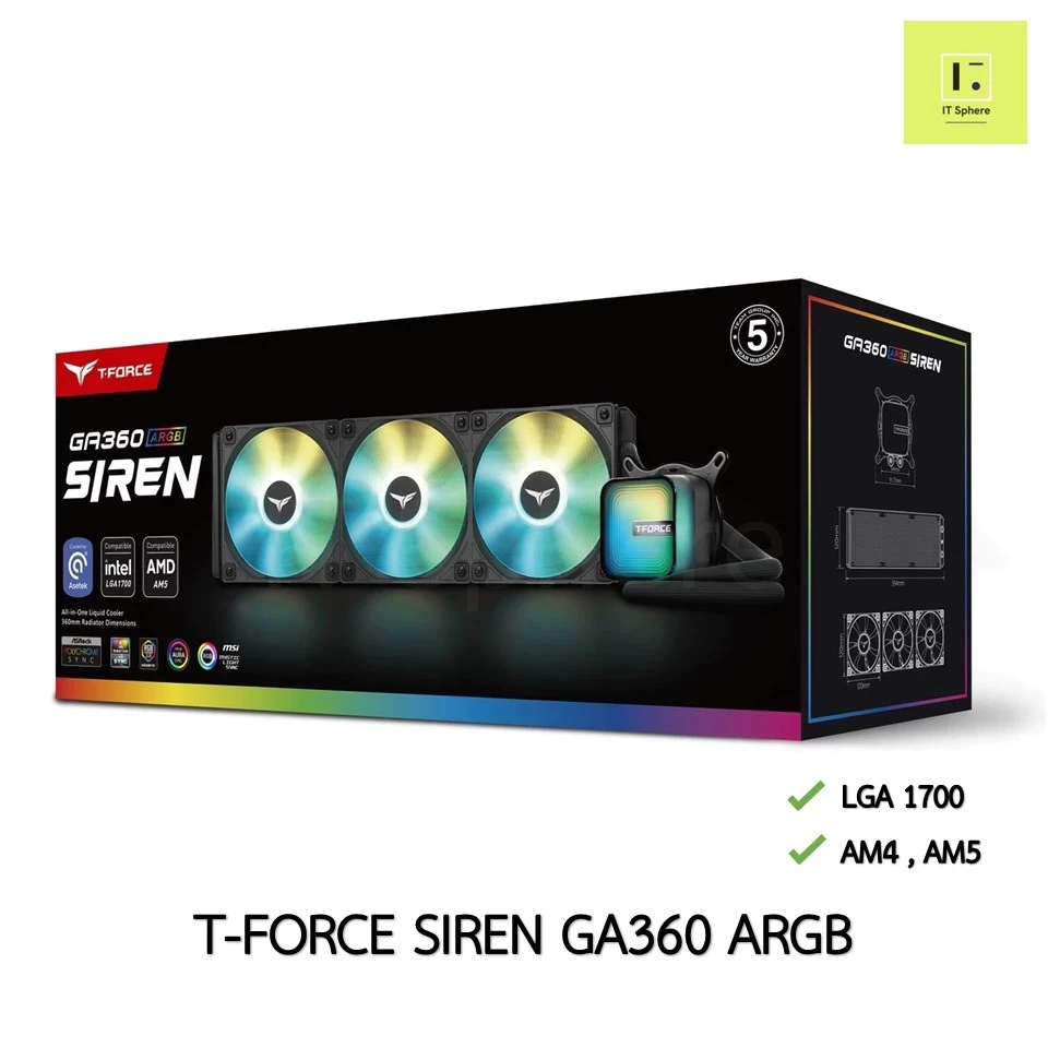 ประกัน 5 ปี ชุดน้ำ T-FORCE SIREN GA360 All in one ARGB CPU LIQUID COOLER BLACK AIO ชุดน้ำปิด น้ำ ...