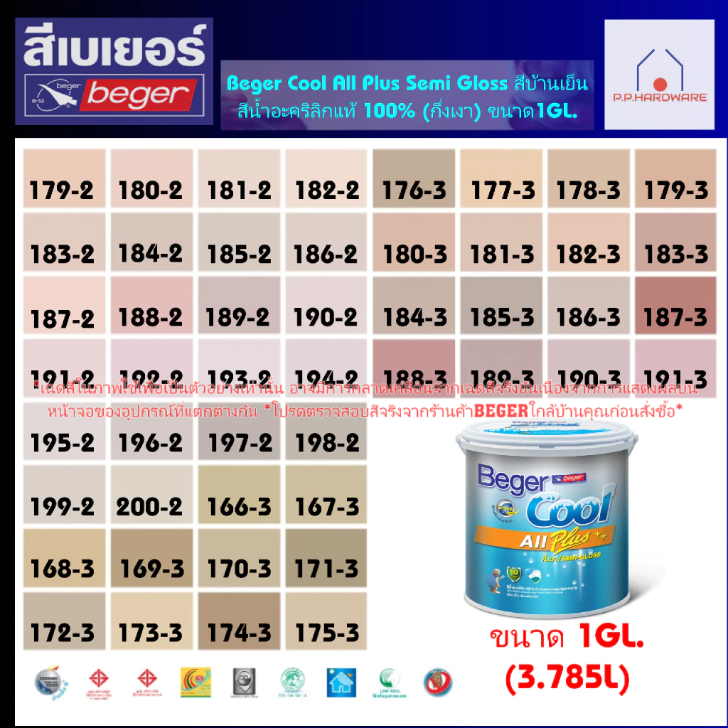 Beger สีภายนอก+ภายใน สีทาบ้าน สีน้ำอะคริลิก สีบ้านเย็น กึ่งเงา Beger Cool All Plus ขนาด1GL. โทน ...