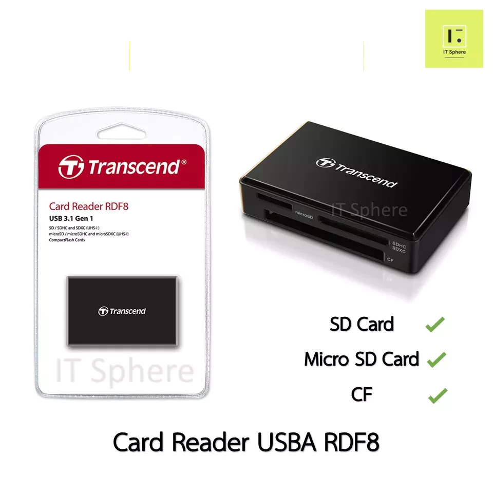 Card Reader SD Card / Micro SD Card USBA TRANSCEND RDF8 USB 3.1 สีดำ ...