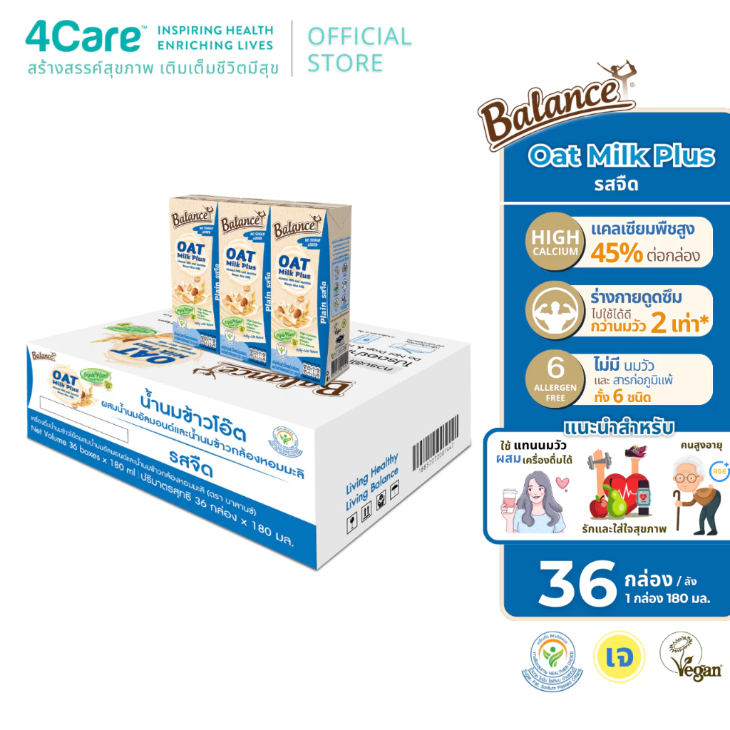 4CARE Balance Oat Milk Plus รสจืด (180 ml x 36 กล่อง) นมโอ๊ต ผสมน้ำนมอ ...