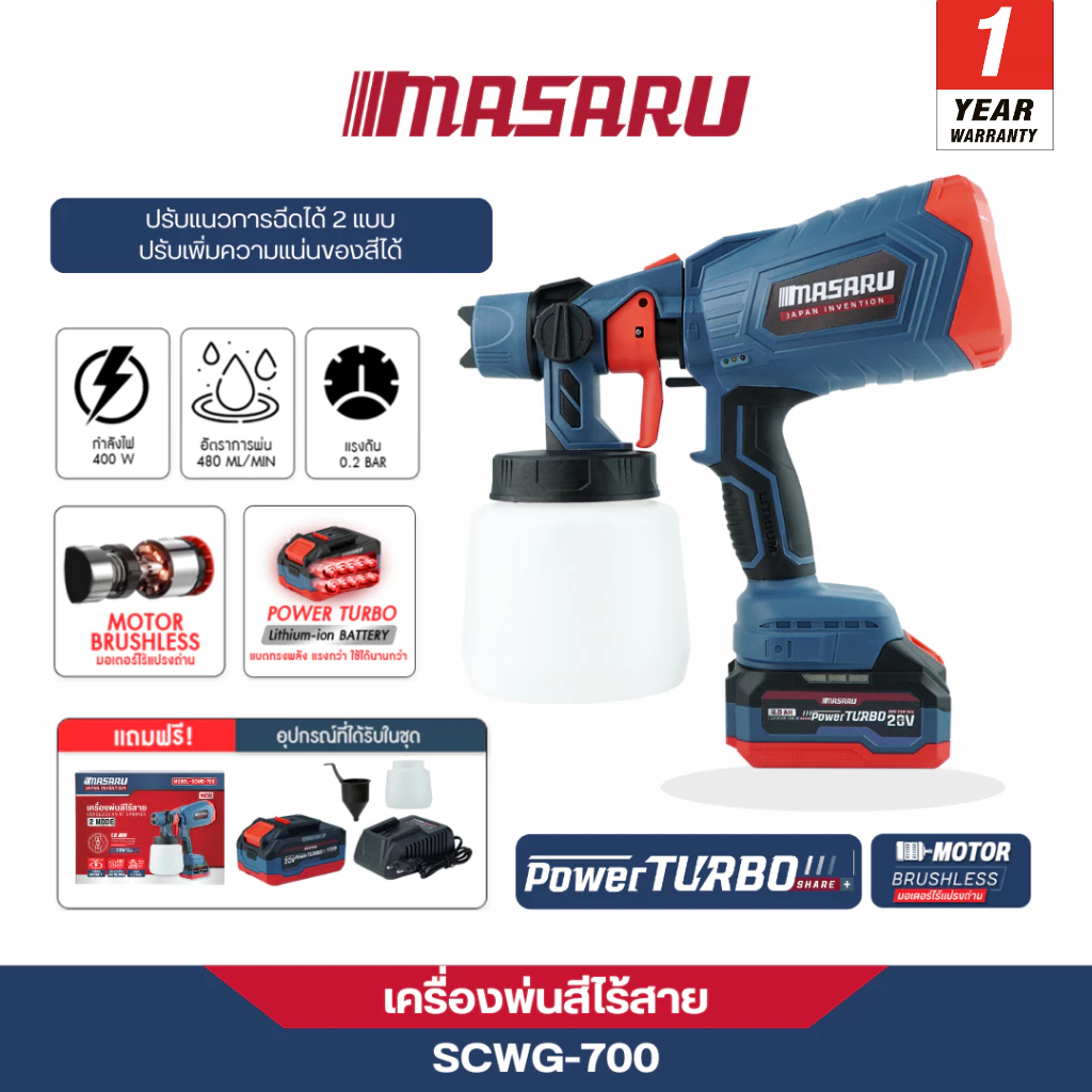MASARU เครื่องพ่นสีไร้สาย รุ่น SCWG-700 ปรับการฉีดได้ 2 แบบ ประกอบง่าย ...