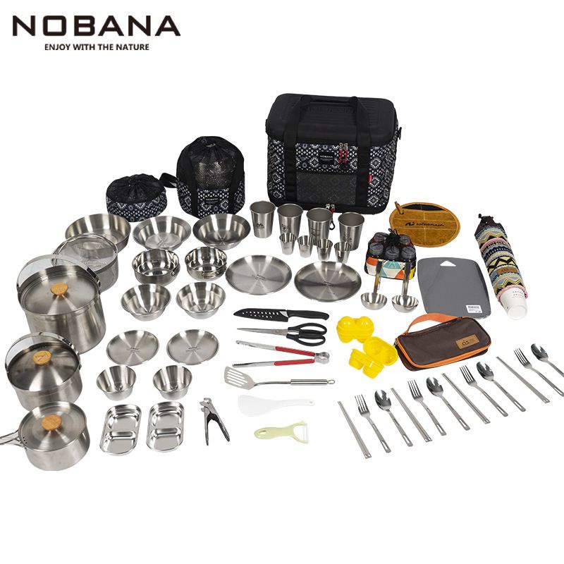 NOBANA Outdoor Camping Kitchen Set ชุดเครื่องครัวปิคนิค หม้อ จาน มีดพกพา ช้อนส้อม เครื่องครัวครบ ...