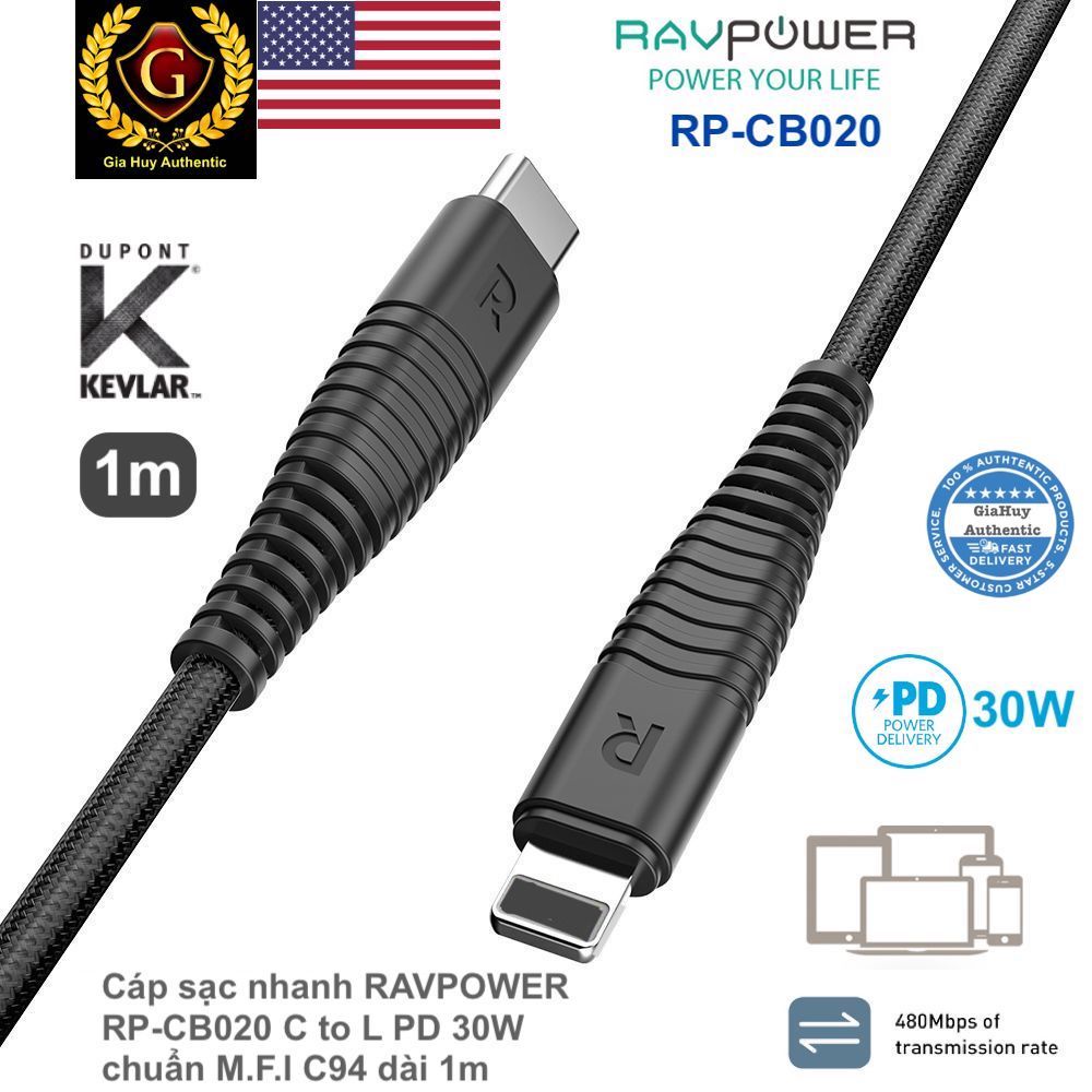 RAVPOWER RP-CB020 C to L PD 30W สายชาร์จเร็ว มาตรฐาน ML ยาว 1m | Shopee ...