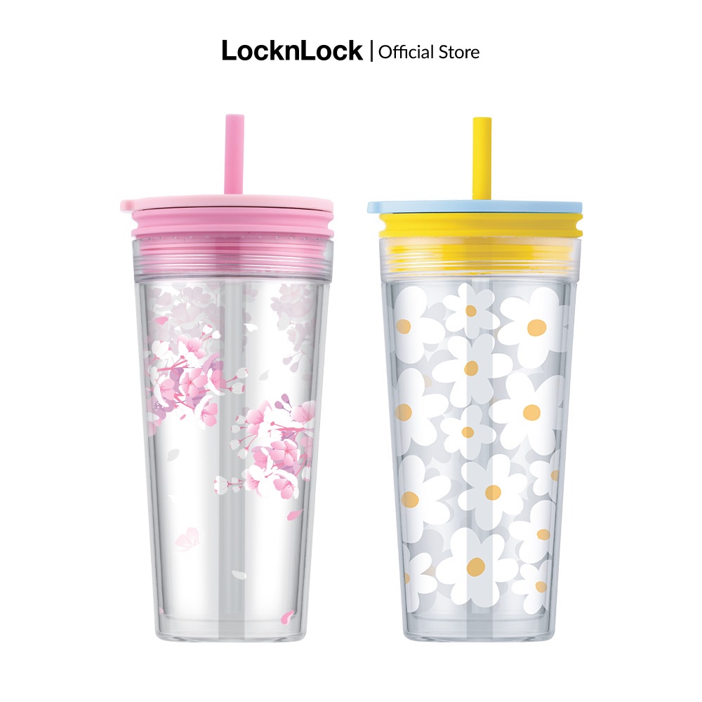 ถ้วยพลาสติกสองชั้นพร้อมหลอด Lock&Lock Bucket แก้วเก็บความเย็น 580ml - 2 สี ชมพู เหลือง - HAP520 ...
