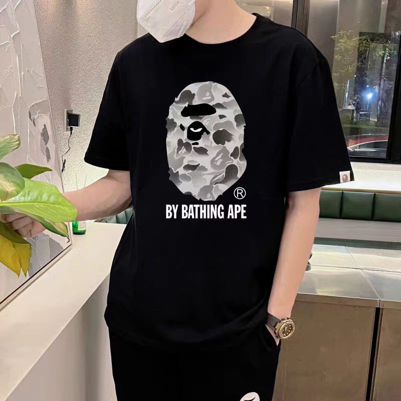 A BATHING APE ใหม่ เสื้อยืดคอกลม แขนสั้น พิมพ์ลายหมึก APE-Man Head ...