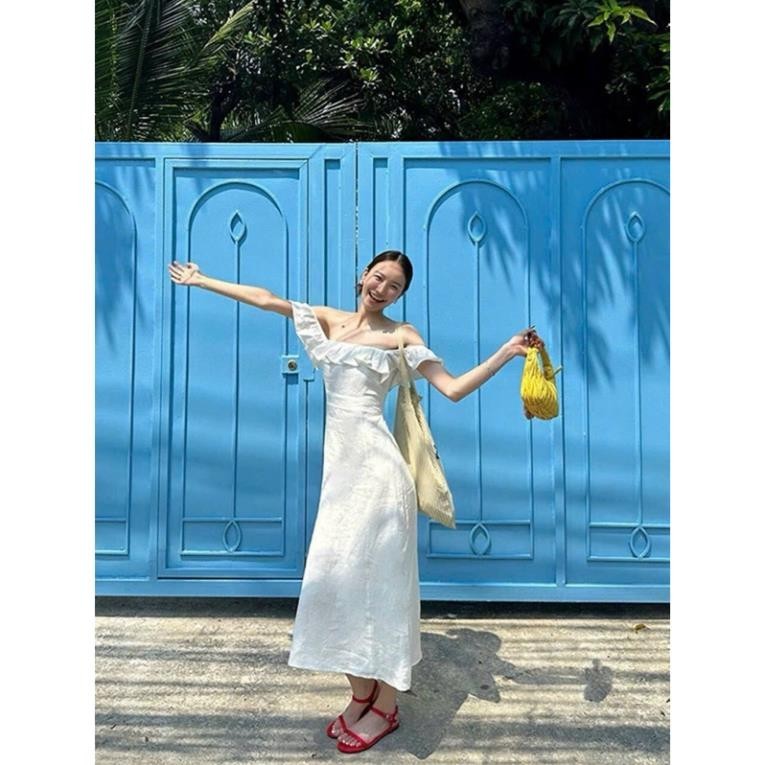 [Mya House] ชุดเดรสมิดิเปิดไหล่ลินินสีครีม | Shopee Thailand