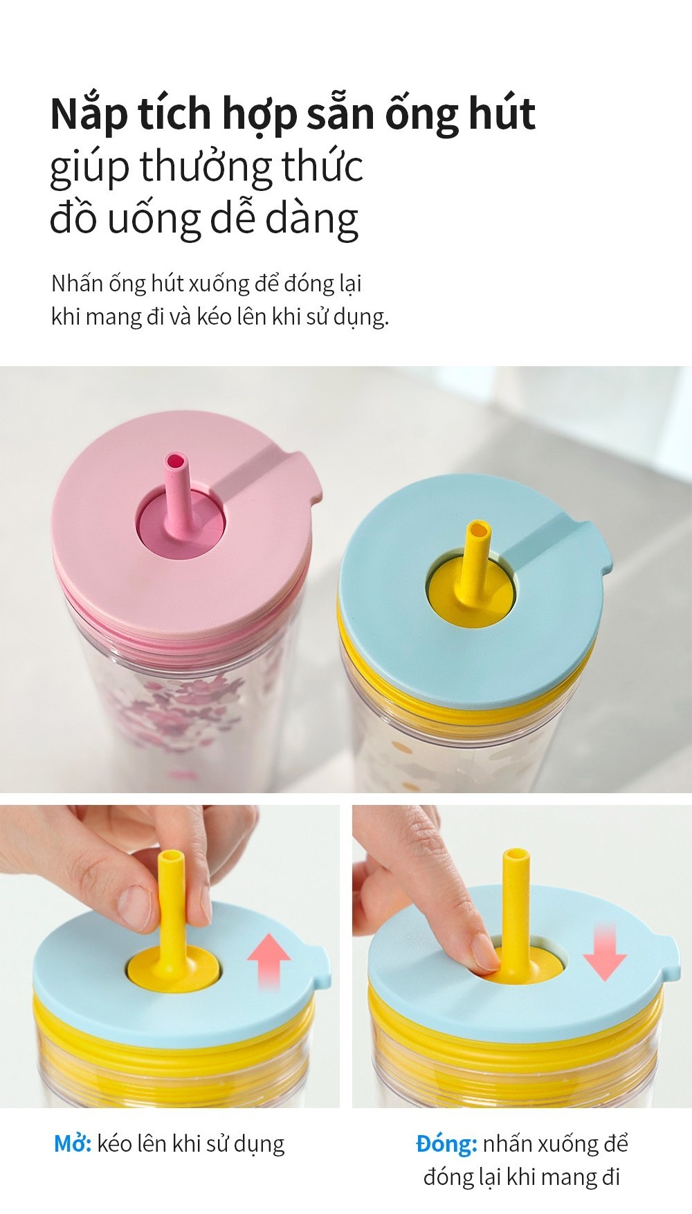 ถ้วยพลาสติกสองชั้นพร้อมหลอด Lock&Lock Bucket แก้วเก็บความเย็น 580ml - 2 สี ชมพู เหลือง - HAP520 ...