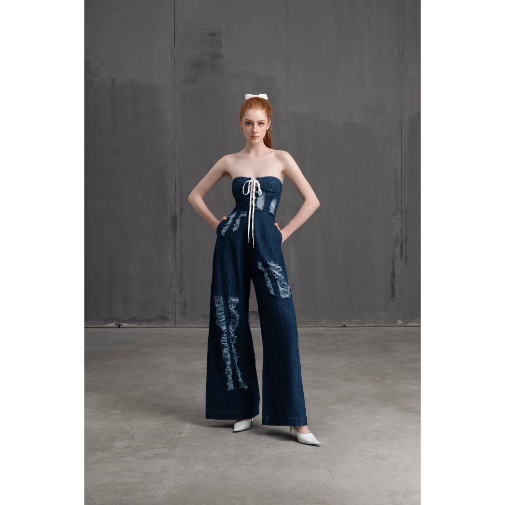 Cazi - จั๊มสูทหน้าอกครอปและกางเกงหลวม - Enigmatic Eclipse Jumpsuit ผ้ายีนส์เป็นรอยยาก สไตล์ไม่ ...