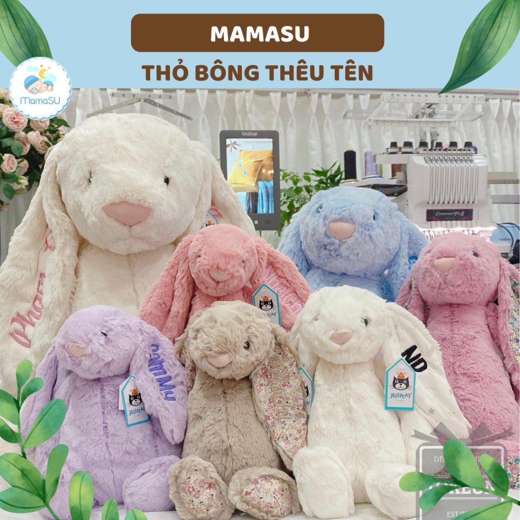 (พร้อมผ้ากันเปื้อน) Jellycat Cotton Rabbit ปักชื่อขอ-ขนนุ่มกระต่ายหูยาว ...
