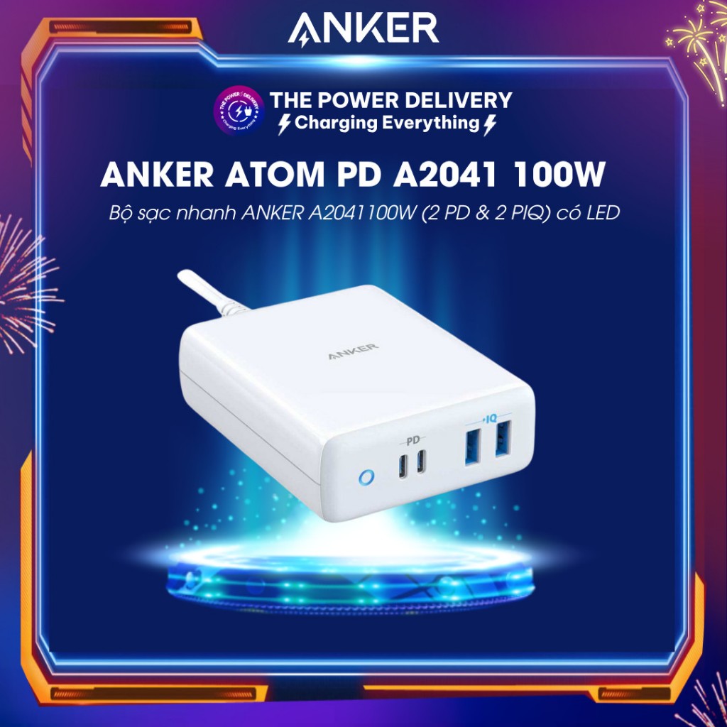 Anker A2041 PowerPort Atom PD 4 100W fast charger (2 PD & 2 PIQ) พร้อมการแจ้งเตือน LED ขนาด ...