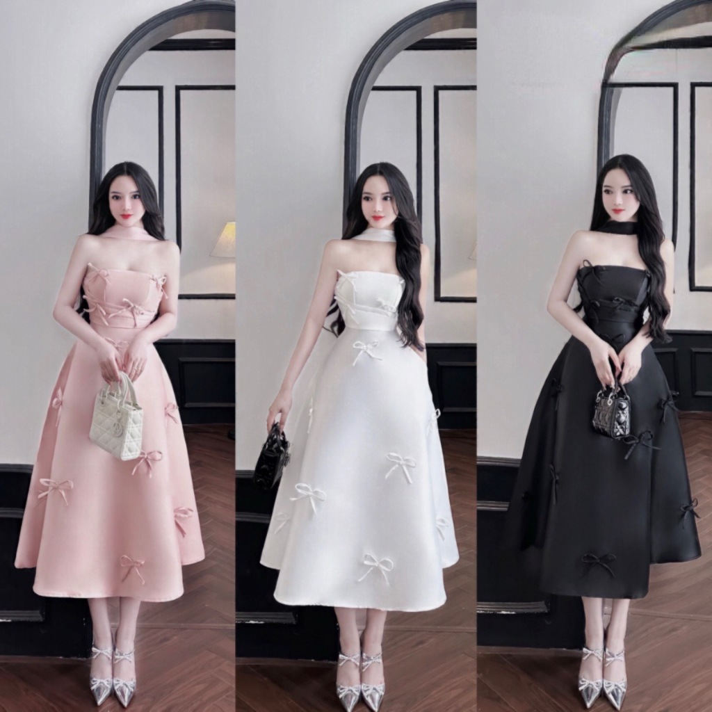 เดรสยาวเกาะอก tafta ผูกโบว์และคอสวย HP32 Size SML | Shopee Thailand