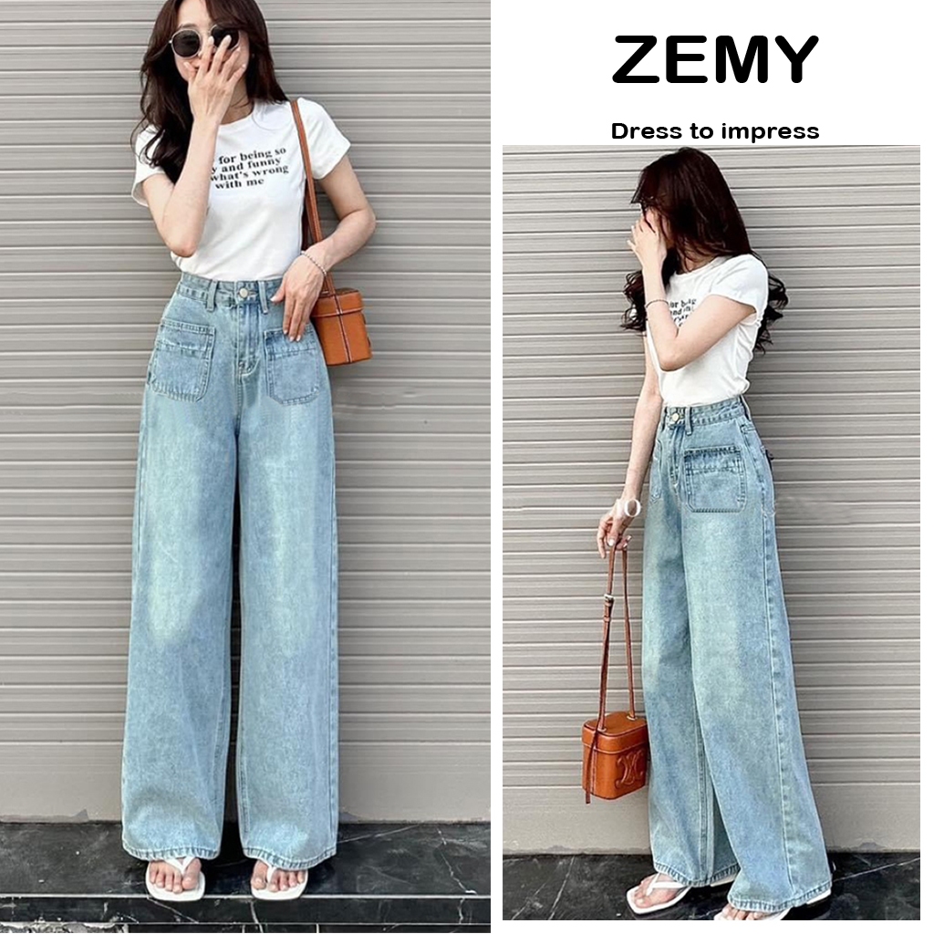 กางเกงยีนส์ผู้หญิงขากว้างเอวสูง Zeemy Q5 | Shopee Thailand