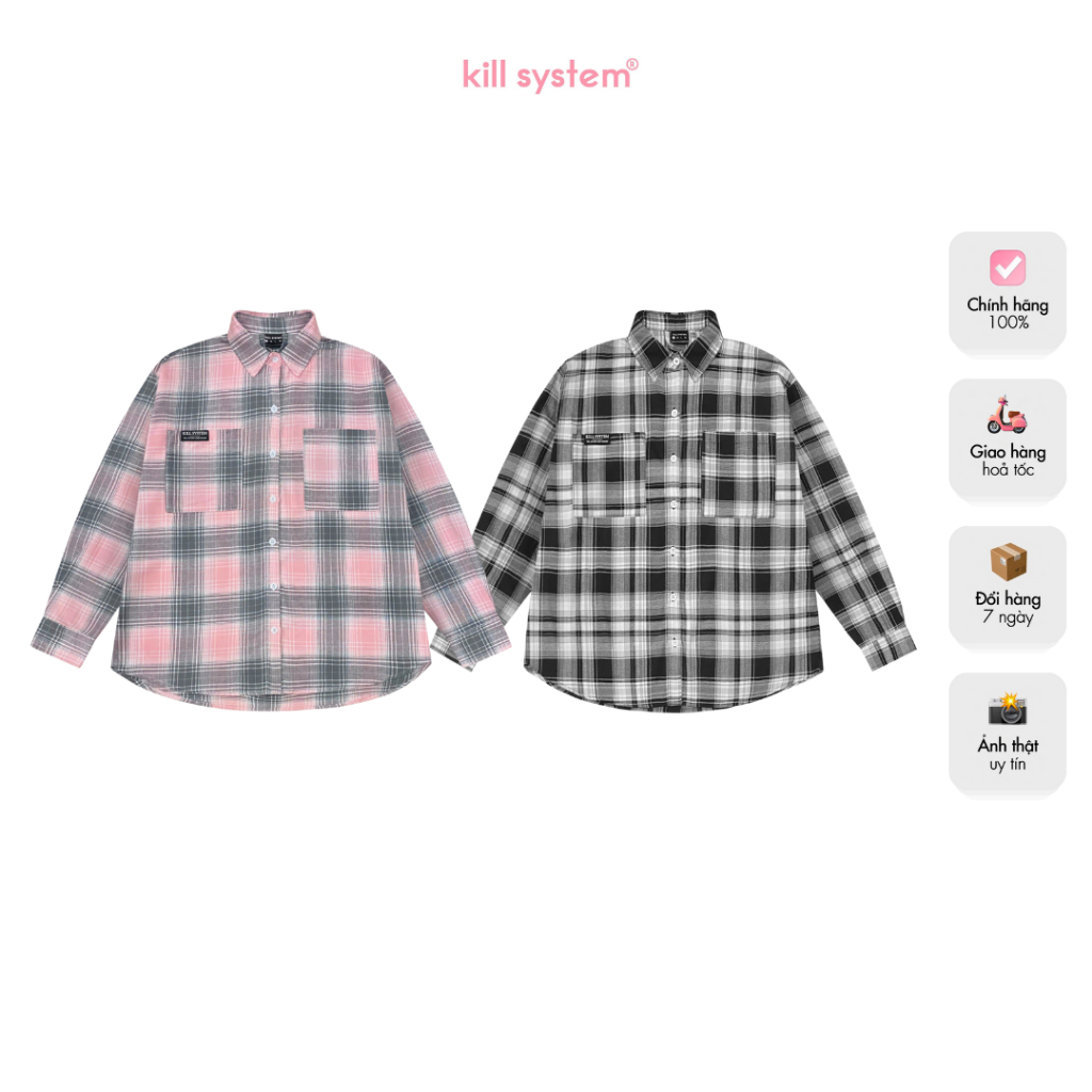 เสื้อเชิ้ตลายทาง Kill System แขนยาว กระเป๋าสี่เหลี่ยม ป้ายยางโลโก้ Somi ...