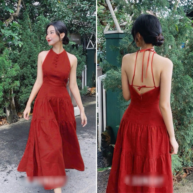 [Mya House] แม็กซี่เดรสผ้าลินินคล้องคอติดกระดุมพัน | Shopee Thailand