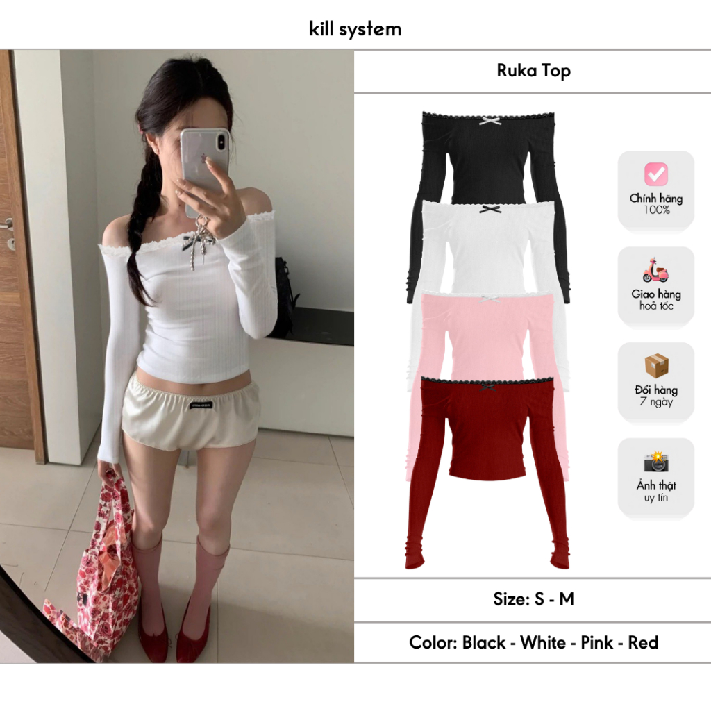 [สีมาใหม่] Kill System เสื้อปาดไหล่แขนยาวแต่งขอบลูกไม้และโบว์ Ruka ...
