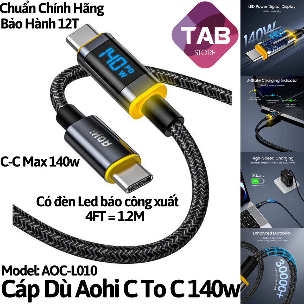 Aohi C To C สายร่ม 100w 140W 1.2m พร้อมไฟแสดงสถานะเอาต์พุตแท้ - 12 ...