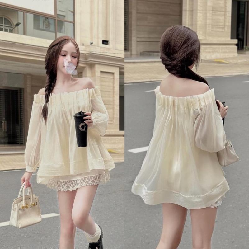 [ส2.947] ชุดเสื้อผ้าไหมเปิดไหล่แขนยาวเลดี้ผสมกระโปรงตัดลูกไม้ 2 ชั้น ...